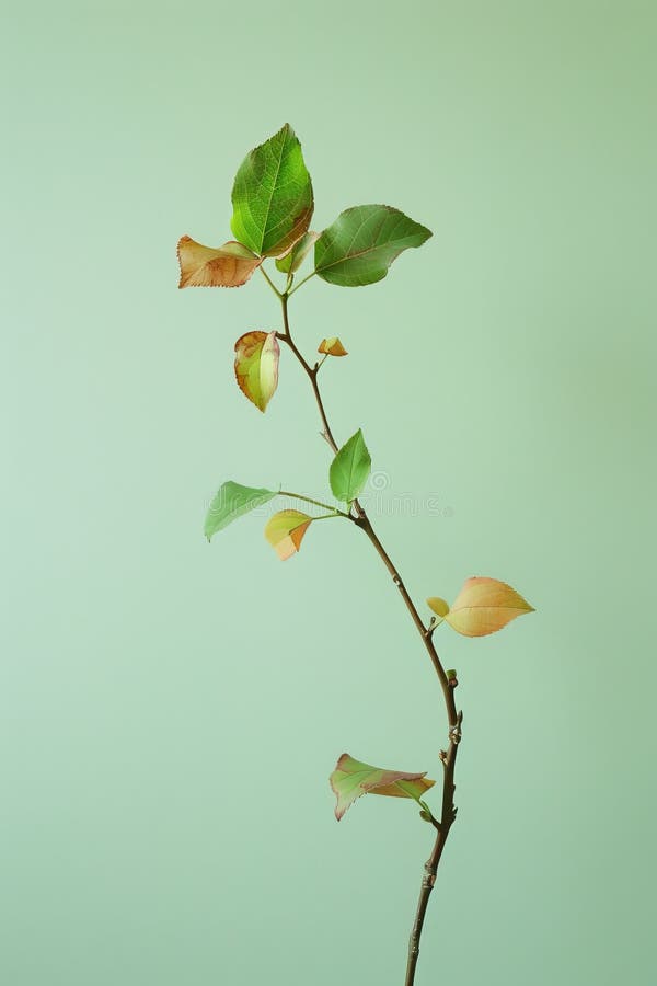 Single Branch with a Mix of Green and Dried Leaves Against a Pastel ...