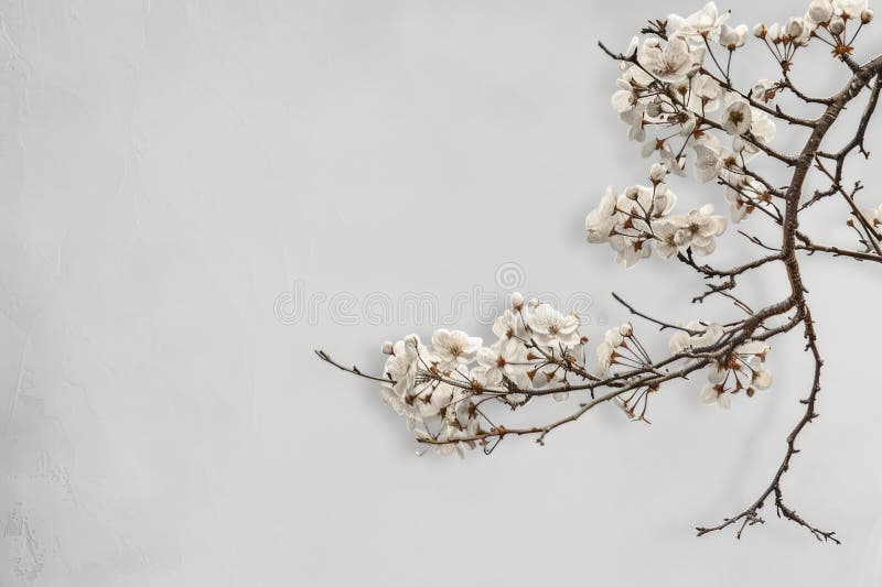 A Single Branch with White Flowers Set Against a Clean White Wall Stock ...
