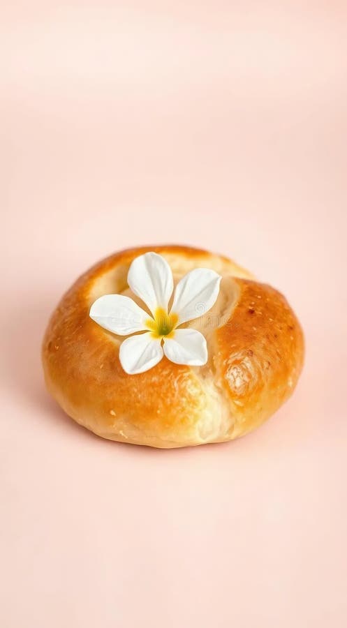 Single Bread Roll with Spring Flower on Pastel Background Stock ...