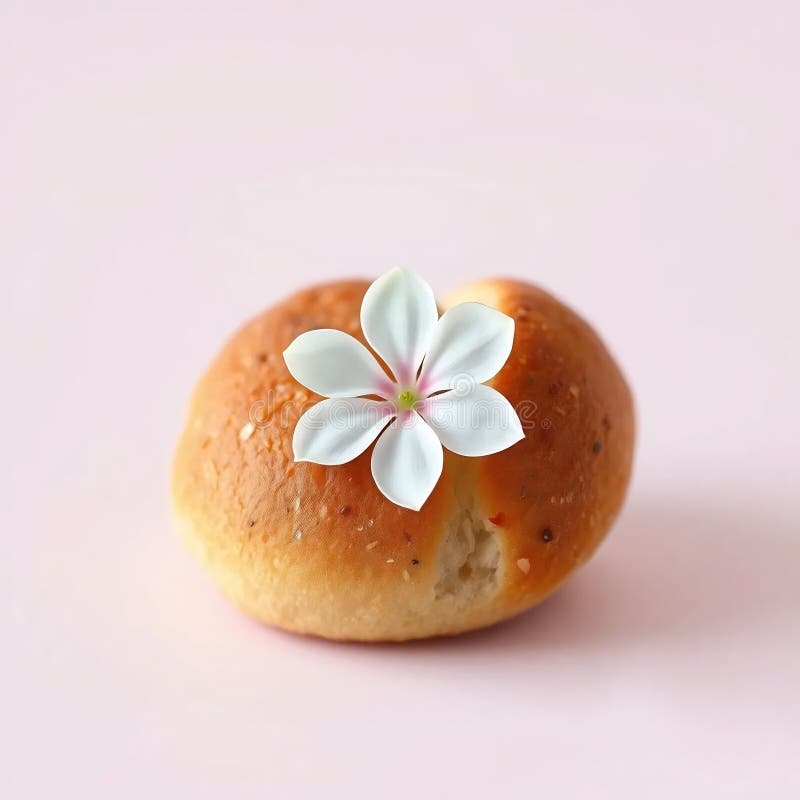 Single Bread Roll with Spring Flower on Pastel Background Stock ...