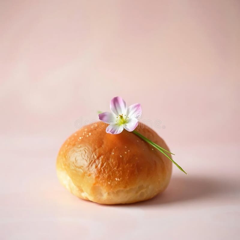 Single Bread Roll with Spring Flower on Pastel Background Stock ...