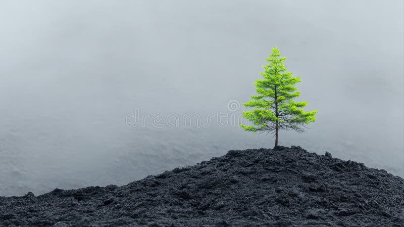 A Single Bright Green Tree Grows on Top of a Dark, Barren Land ...
