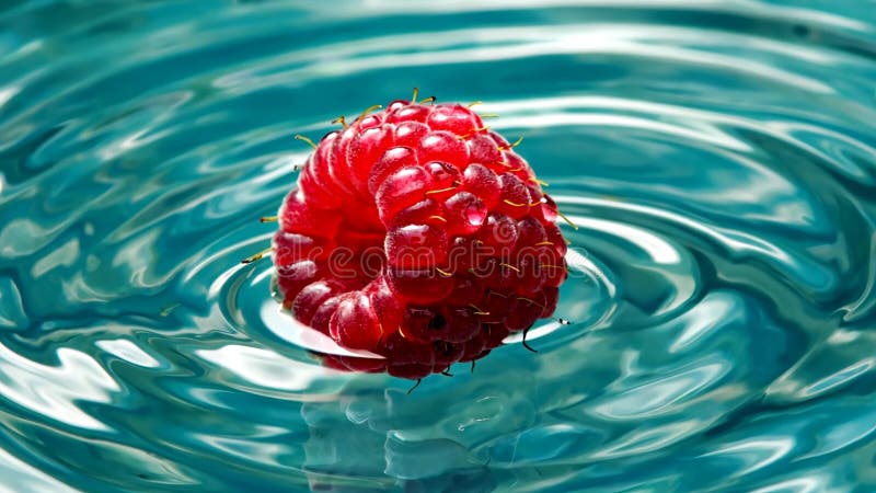 Single Bright Red Raspberry Floating in Clear Turquoise Water with ...