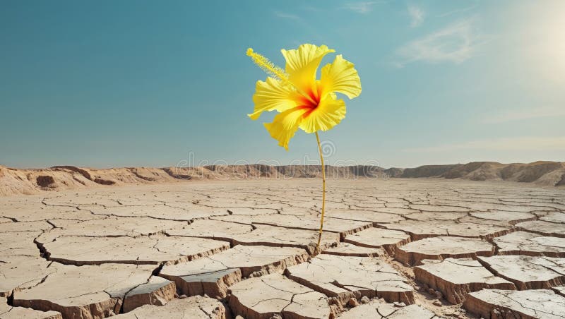 A Single Bright Yellow Flower Grows in Cracked Dry Earth. Stock Photo ...