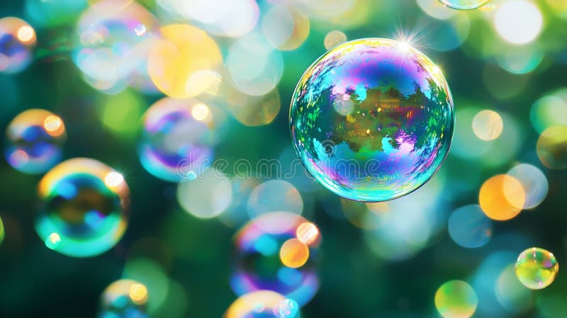 A Single Bubble Reflecting Light through a Green Bokeh Background Stock ...