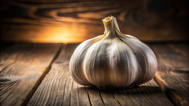 A Single Bulb of Garlic Rests on a Rustic Wooden Surface, Bathed in ...