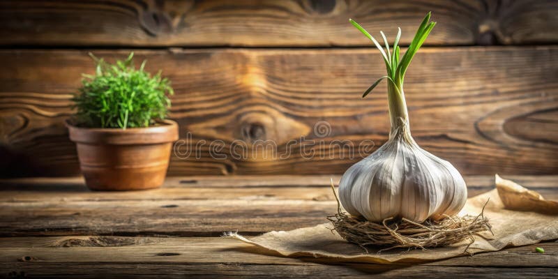 A Single Bulb of Garlic with Sprouting Greens Rests on Rustic Parchment ...