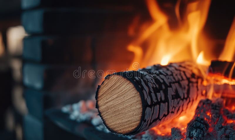A Single Burning Log Resting in a Clean, Modern Fireplace Stock Photo ...