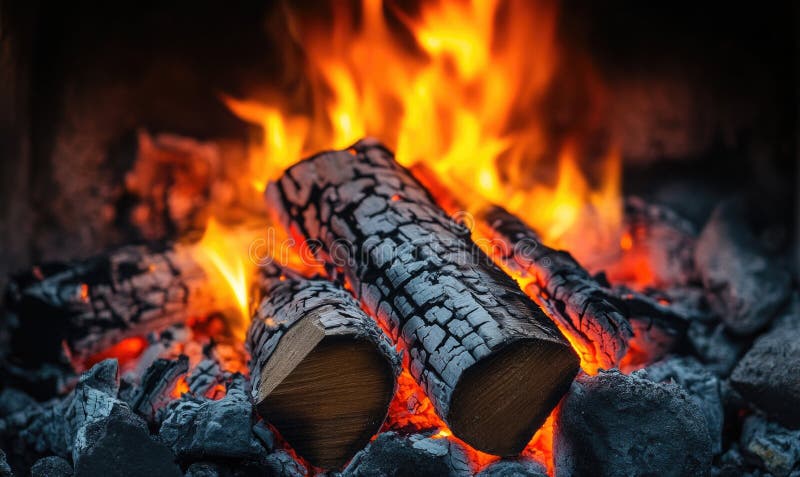 A Single Burning Log Resting in a Stone Fireplace Stock Photo - Image ...