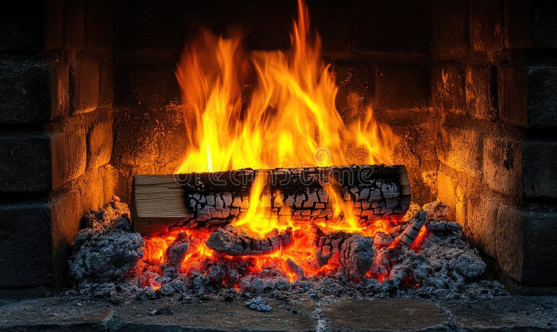 A Single Burning Log Resting in a Stone Fireplace Stock Photo - Image ...