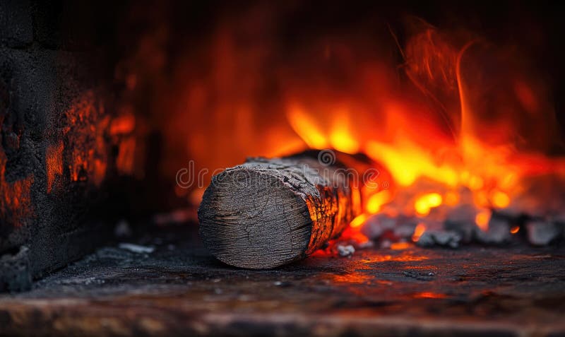 A Single Burning Log in a Rustic Hearth, Flames Crackling Stock Image ...