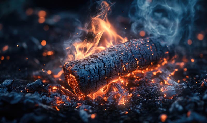 A Single Burning Log Surrounded by Embers Stock Image - Image of fire ...