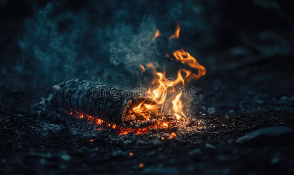 A Single Burning Log Surrounded by Embers Stock Image - Image of flames ...