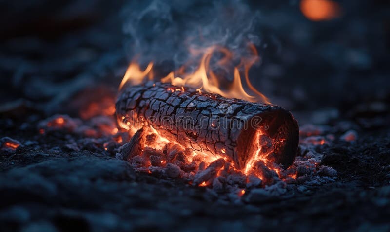 A Single Burning Log Surrounded by Embers Stock Photo - Image of ...