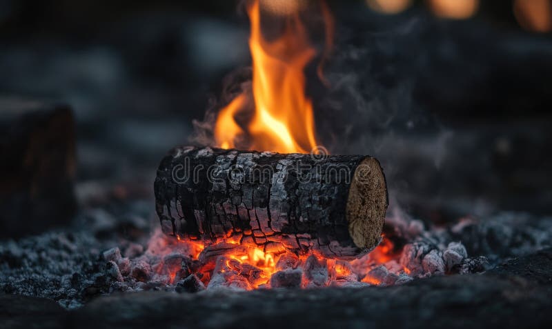 A Single Burning Log Surrounded by Embers Stock Image - Image of fire ...