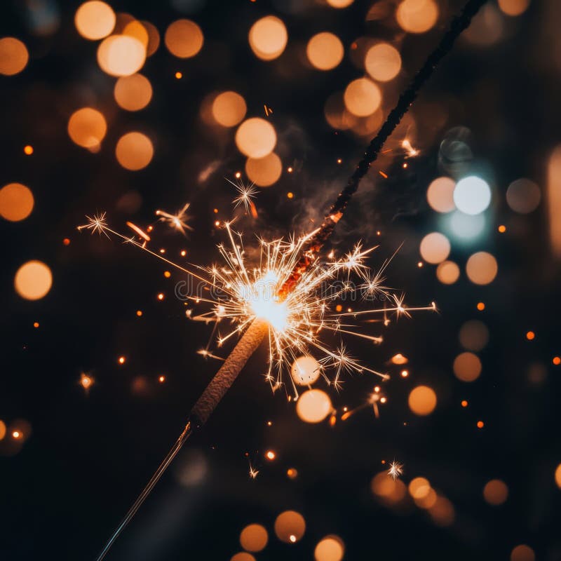 A Single Burning Sparkler with Bokeh Lights in the Background Stock ...