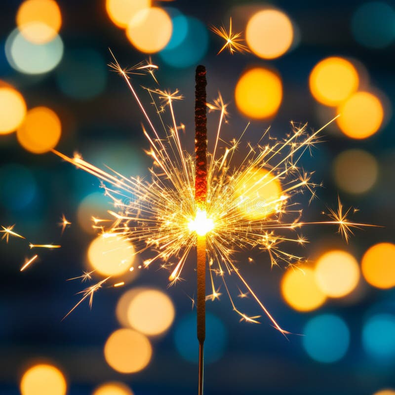 A Single Burning Sparkler with Defocused Lights in the Background Stock ...
