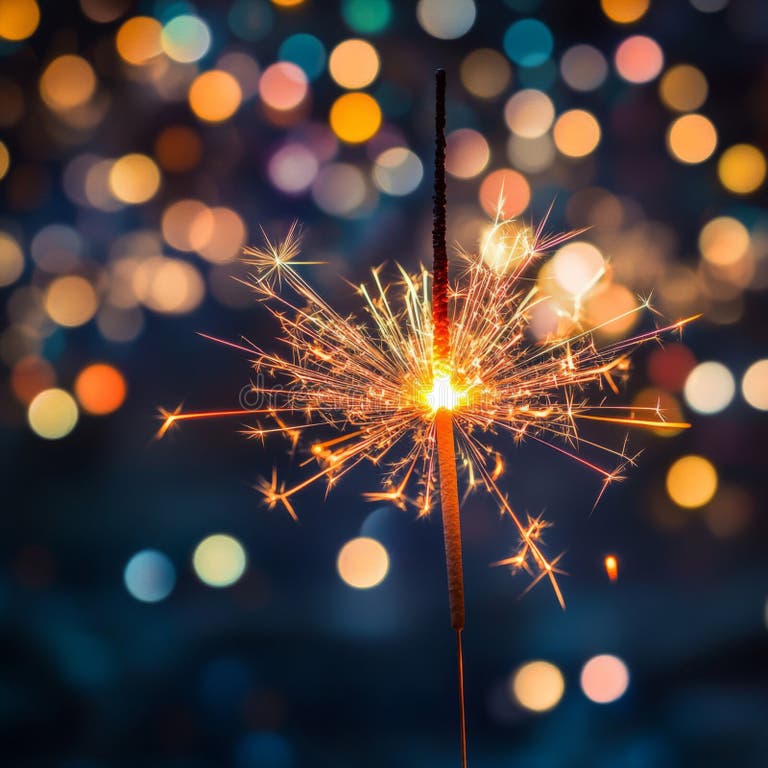 A Single Burning Sparkler with Defocused Lights in the Background Stock ...