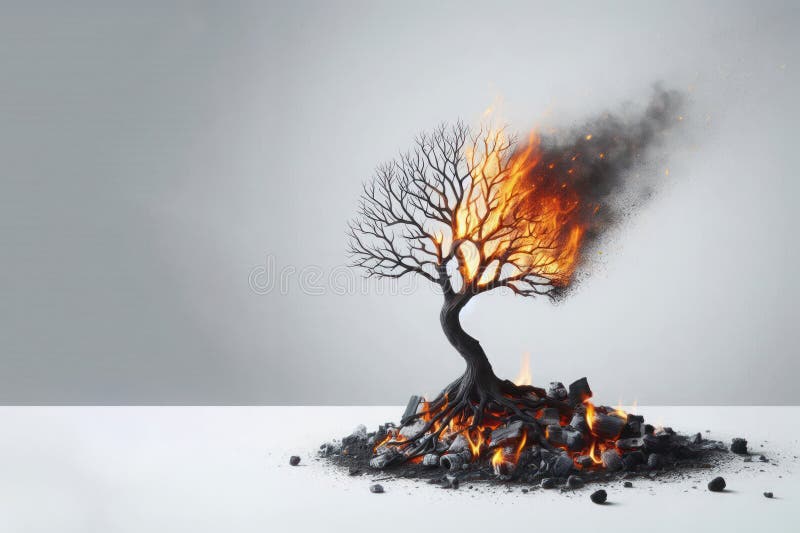 A Single Burning Tree on a Pile of Ashes. Space for Text. Stock Photo ...