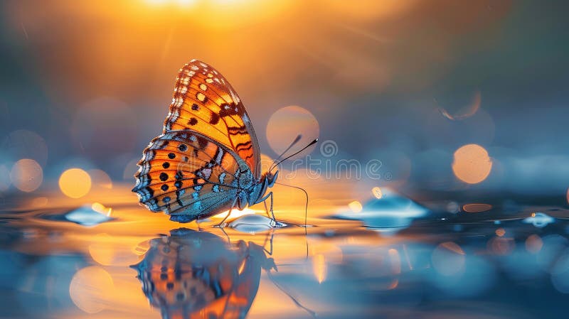 A Single Butterfly Perched on a Water Surface with a Golden Sunset ...