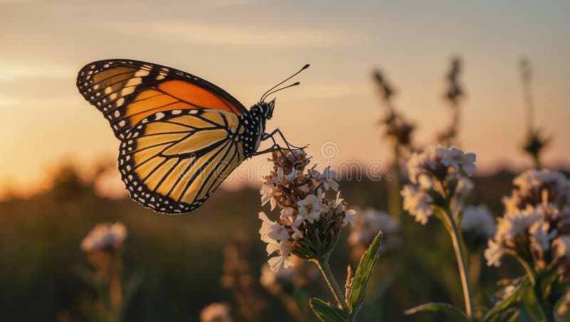 Single Butterfly on White Flowers at Sunset Stock Illustration ...
