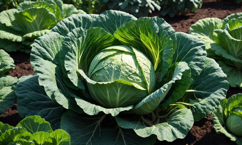 Single Head of Cabbage Growing in a Garden Stock Illustration ...