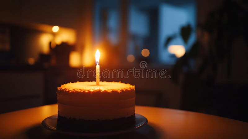 Single Candle on a Birthday Cake at Night Stock Illustration ...