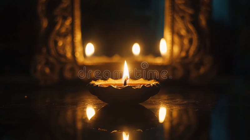 A Single Candle Burning in a Dark Room with a Mirror Reflection Stock ...