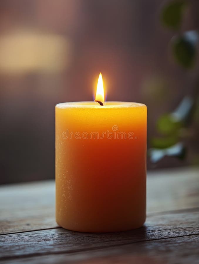 Single Candle Burning on a Wooden Surface Indoors. Stock Image - Image ...