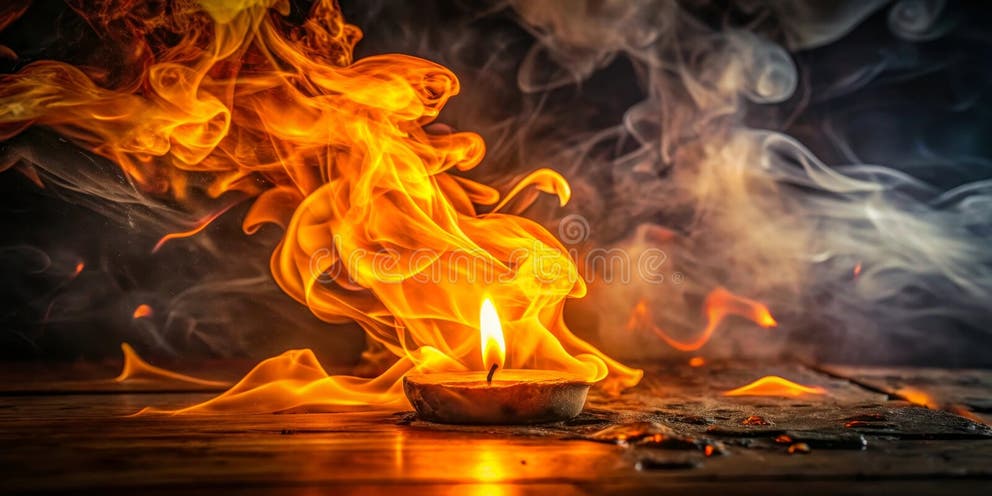 A Single Candle Flame Burns Brightly Amidst Swirling Smoke and Fire ...