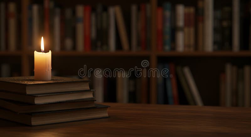 A Single Candle Lit Amongst Stacked Books in a Dimly Lit Library ...