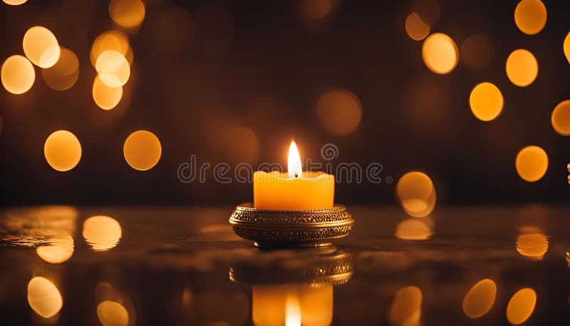 Single Candle with Warm Glow and Bokeh Lights Stock Illustration ...