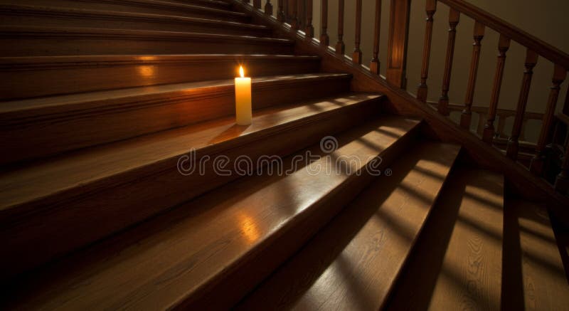 Single Candle on Wooden Staircase in Low Light Stock Illustration ...