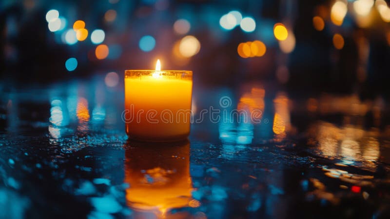 Single Candlelight Reflecting on Wet City Street at Night Stock ...