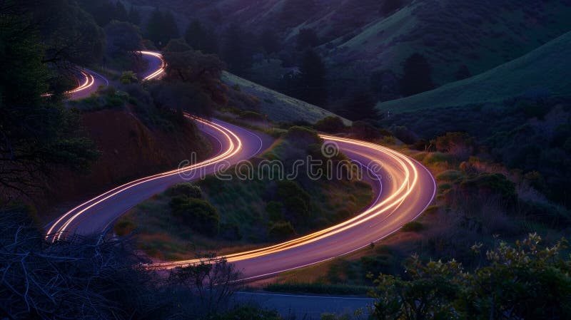 A Single Car Descends a Winding Hillside Drive Leaving Behind a Glowing ...