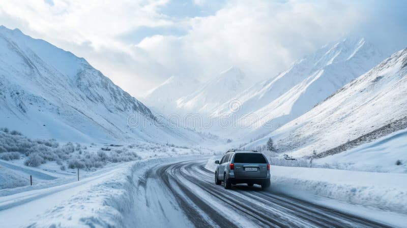 A Single Car Driving on a Winding Snowy Road through a Mountain Pass ...