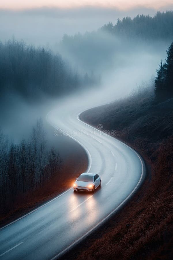 A Single Car Skillfully Drifts on a Deserted Winding Road at Midnight ...