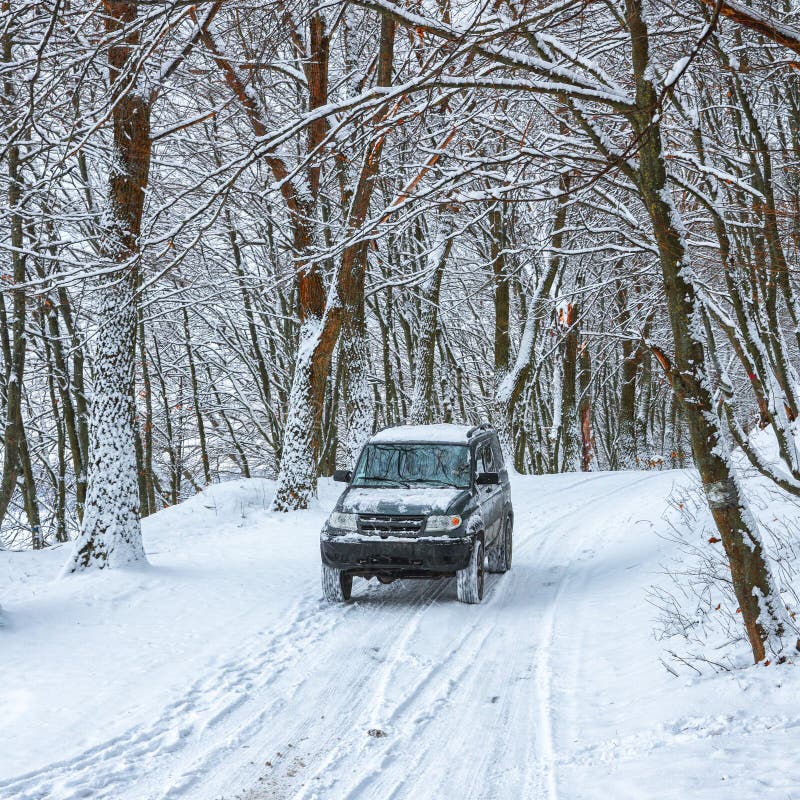 Single Car on a Winter Road in the Forest Stock Image - Image of snow ...