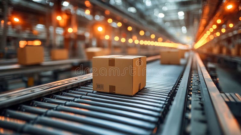 Single Cardboard Box on a Brightly Lit Conveyor Belt in an Industrial ...