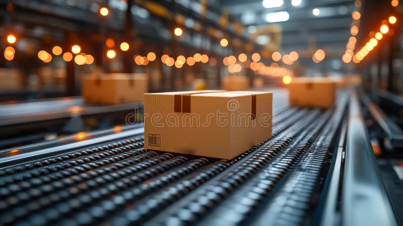 Single Cardboard Box on a Brightly Lit Conveyor Belt in an Industrial ...