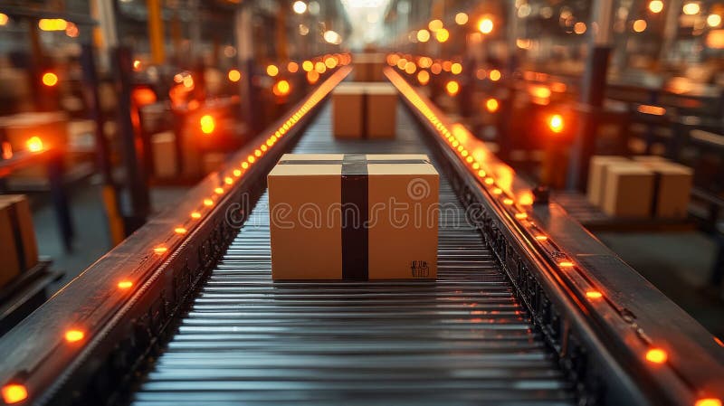 Single Cardboard Box on a Brightly Lit Conveyor Belt in an Industrial ...