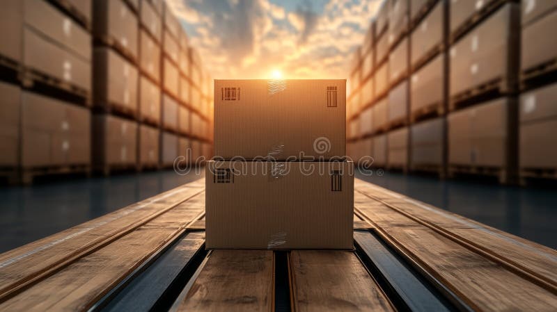 A Single Cardboard Box Sits on a Conveyor Belt in a Warehouse, with ...