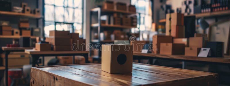 Single Cardboard Box on Wooden Table in a Packaging Warehouse Stock ...
