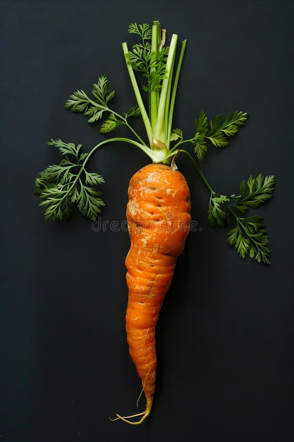 A Single Carrot with Green Leaves on a Black Surface Stock Photo ...