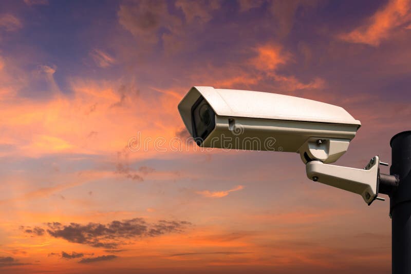 Single CCTV Security Camera on Beautiful Sunrise Sky Stock Image ...