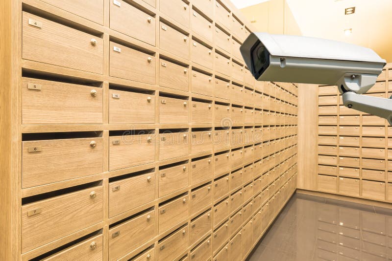 Single CCTV Security Camera on Locker Wooden MailBoxes Stock Photo ...