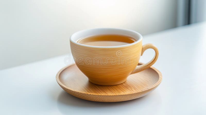 A Single Ceramic Teacup on a Wooden Saucer, Styled on a Clean White ...