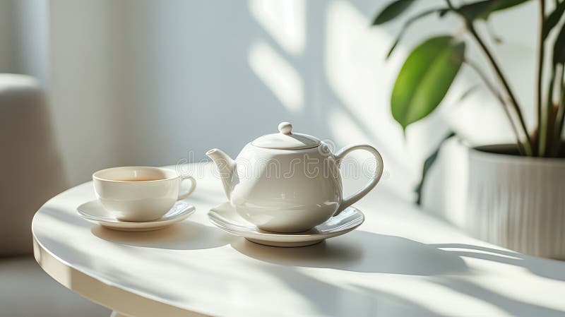 A Single Ceramic Teapot Styled on a Smooth White Table with a Matching ...