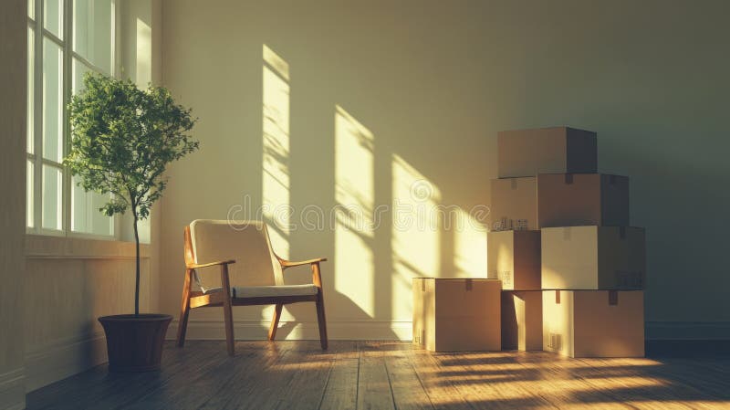 A Single Chair in a Room with a Window, a Potted Plant, and Several ...