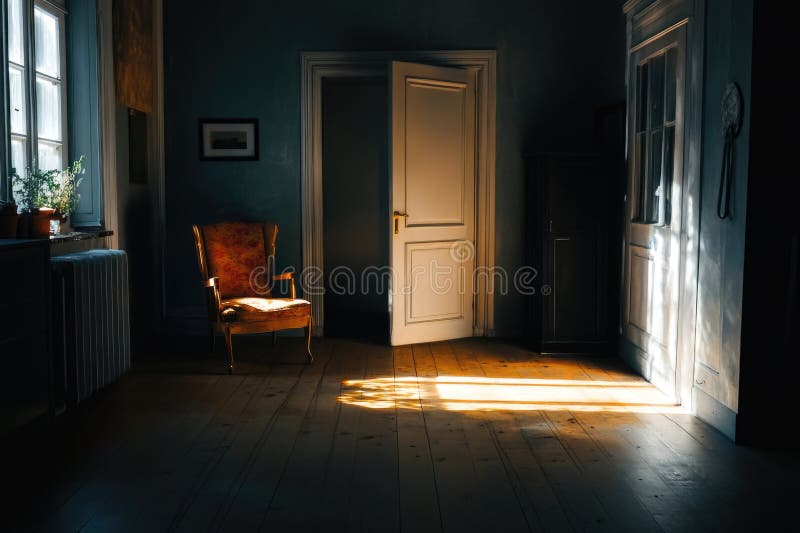 A Single Chair Sits in a Dimly Lit Room with an Open Door Stock Photo ...